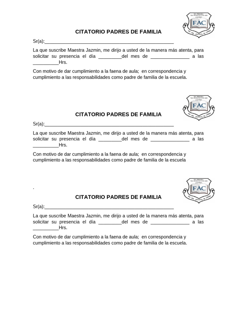 Citatorio Padres de Familia Formato | PDF