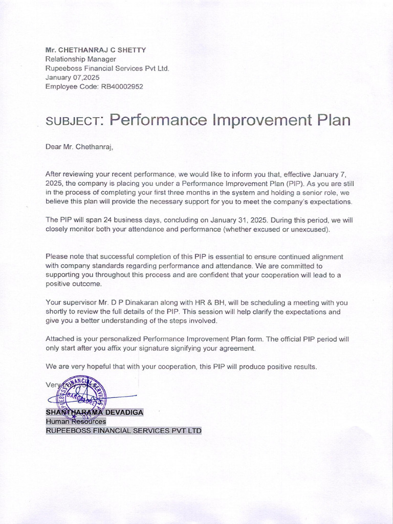 PERFORMANCE IMPROVEMENT LETTER-CHETHANRAJ C SHETTY-RB40002952 | PDF