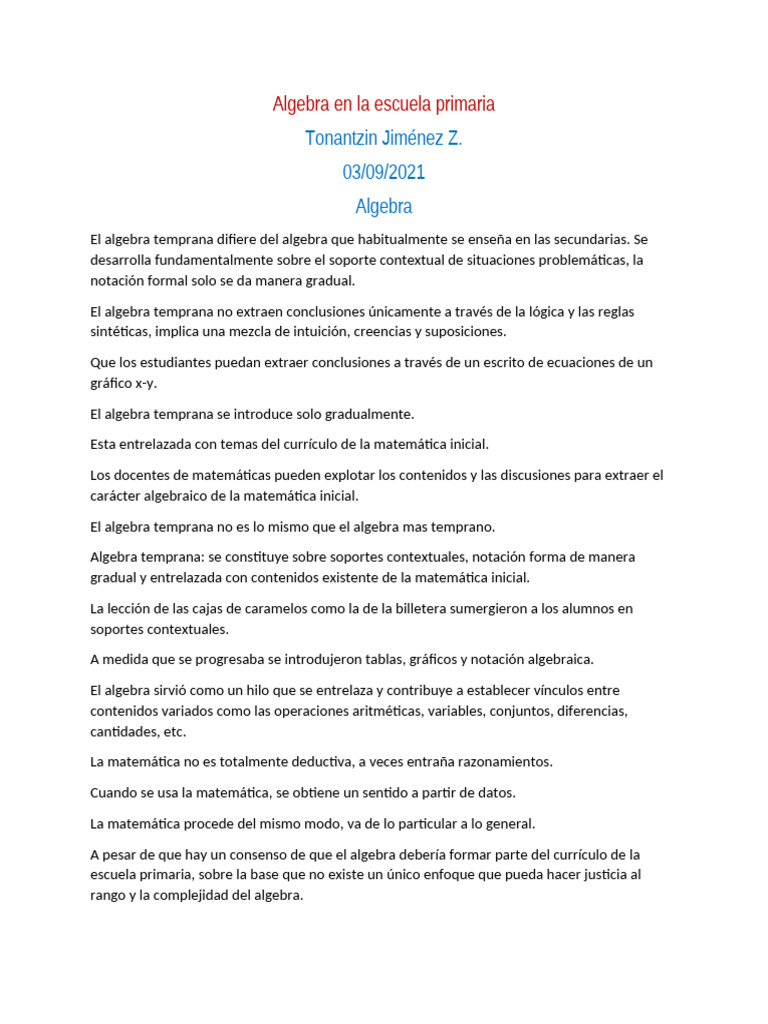 Introducción al Álgebra Temprana en Primaria | PDF | Álgebra | Matemáticas