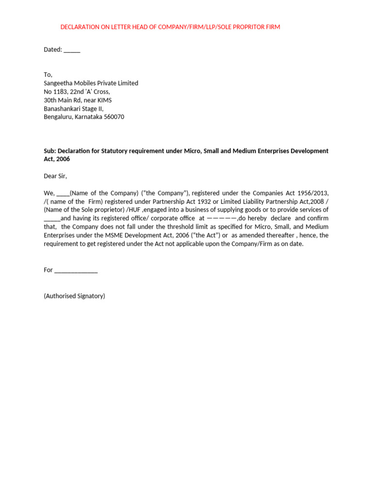 Declaration Format For Msme Pdf