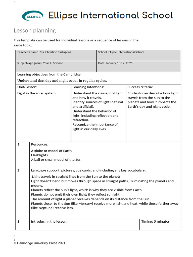 Year 4 Science Lesson Plan: Light | PDF | Light | Sun