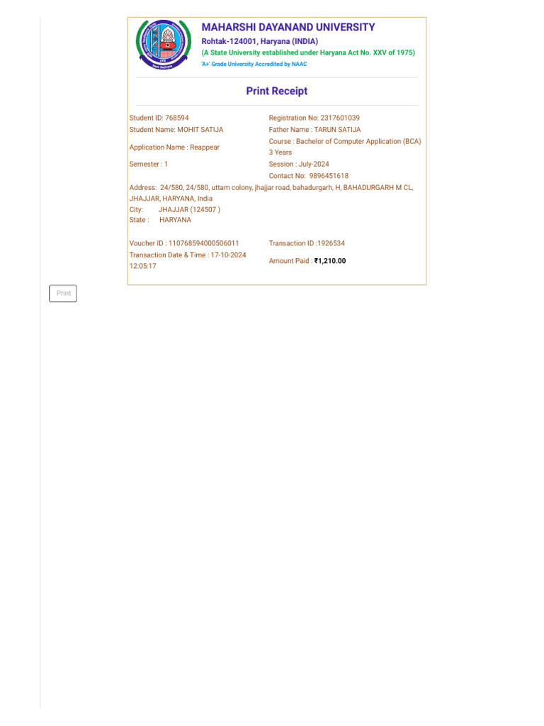 MDU Samarth Portal Receipt 2024-25 | PDF
