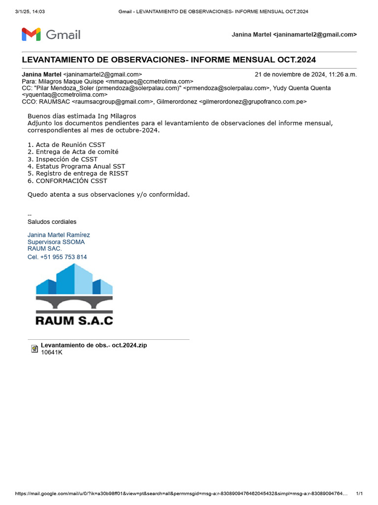 Gmail - LEVANTAMIENTO DE OBSERVACIONES- INFORME MENSUAL OCT.2024 | PDF