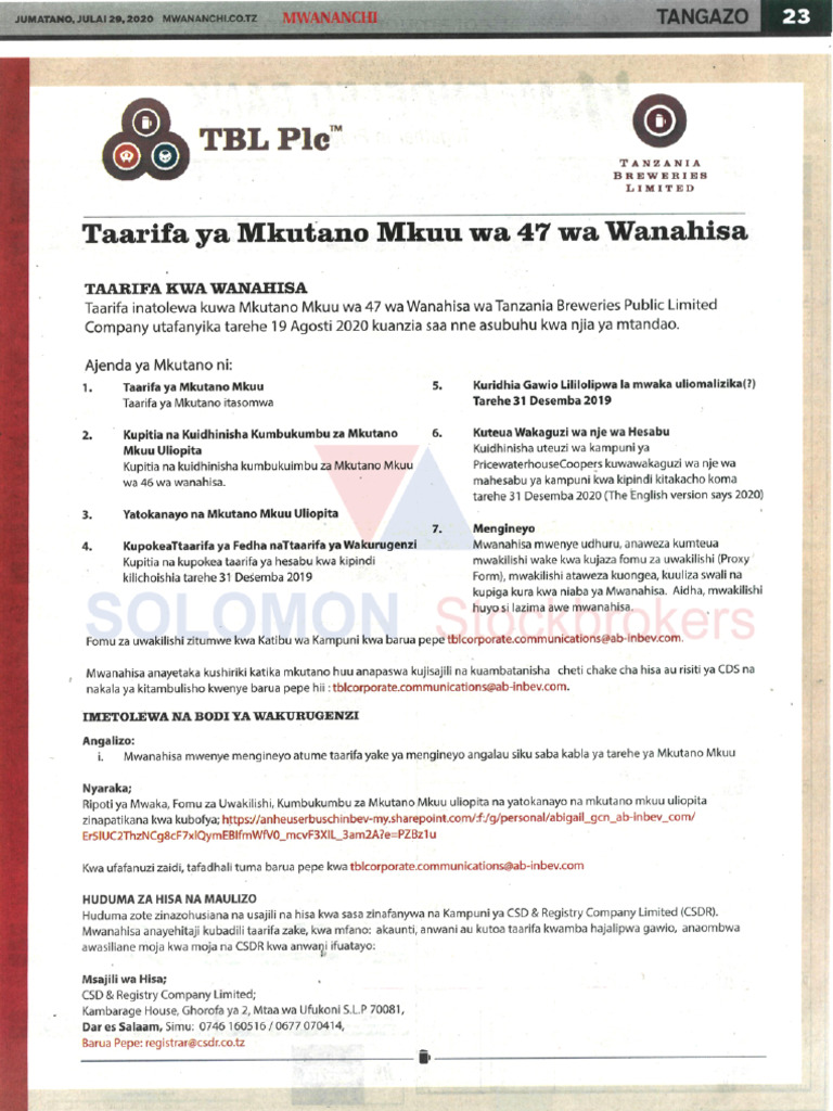 Taarifa Ya Mkutano Mkuu TBL 2020 | PDF