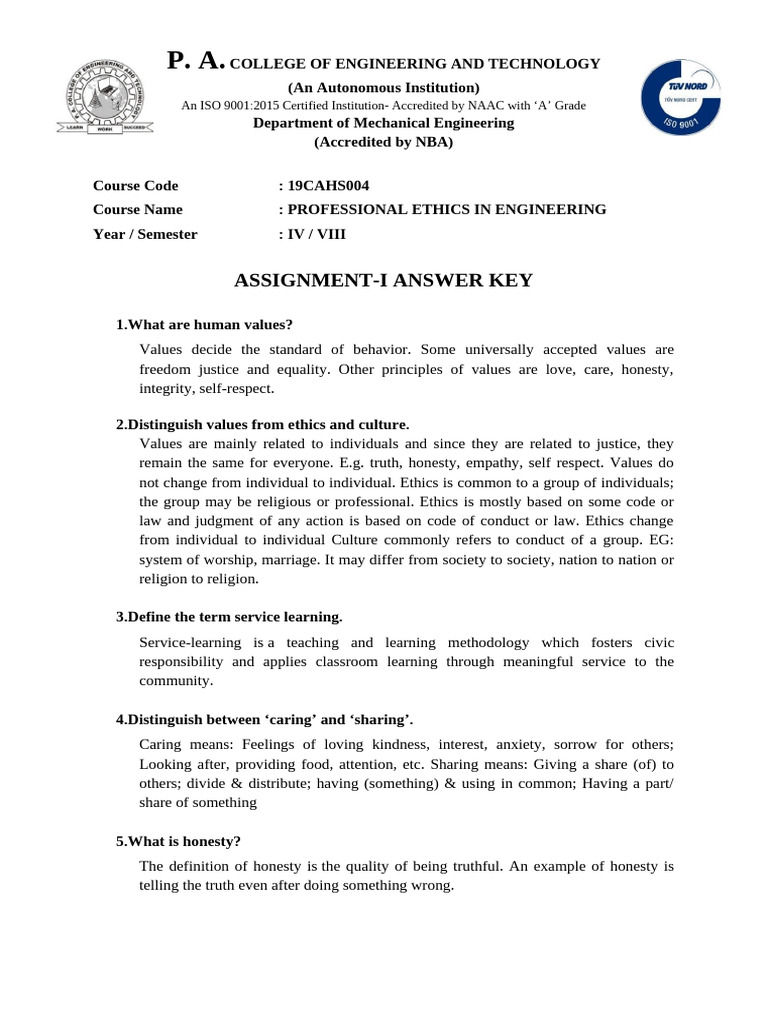 Assignment-1 Answer Key | PDF | Morality | Autonomy