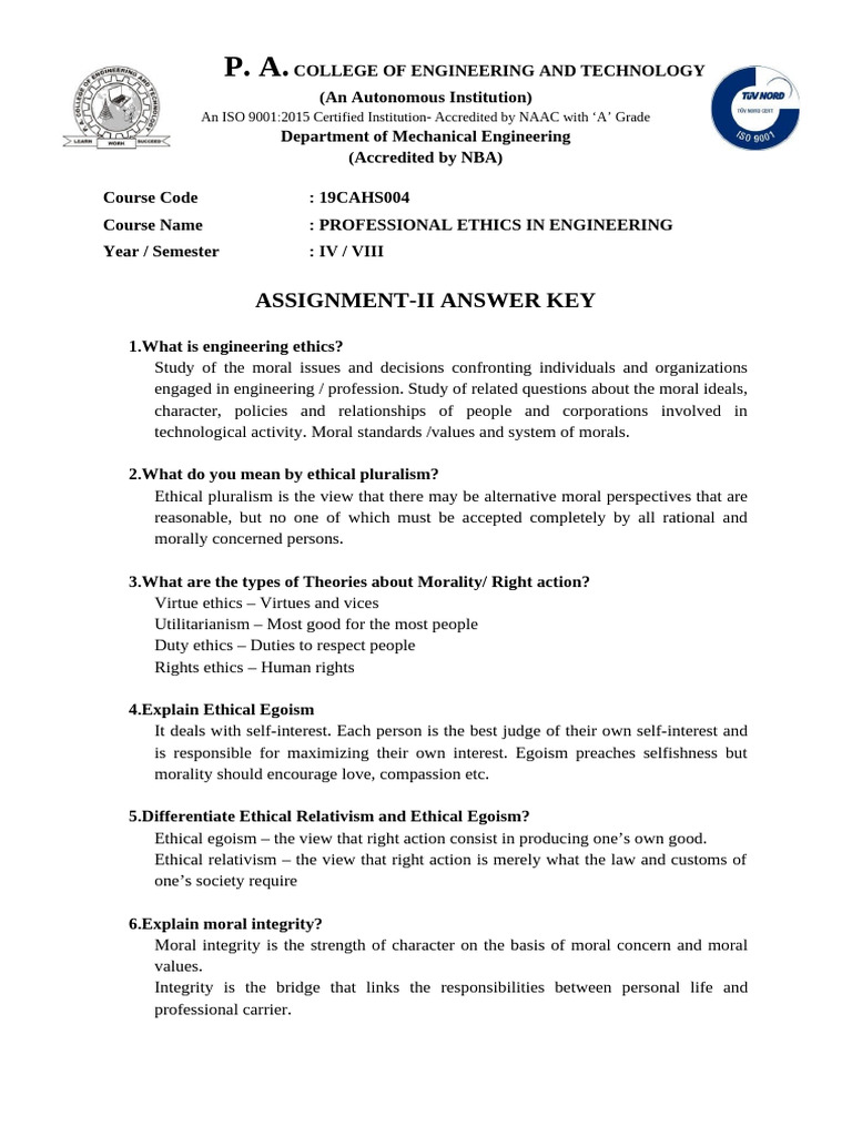 Assignment-2 Answer Key | PDF | Morality | Engineering