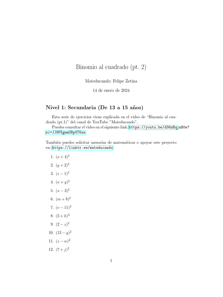 Ejercicios de Binomio al Cuadrado | PDF