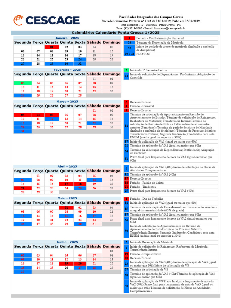 Calendário Ponta Grossa 1 - 2025 | PDF