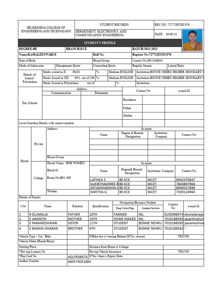 Copy of SKCET - Student Profile | PDF | Motor Vehicle | Transport