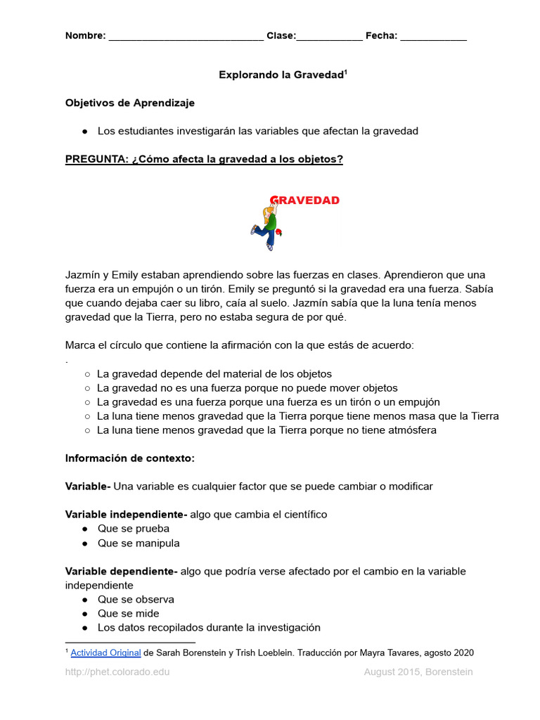 Actividades sobre la Fuerza de Gravedad | PDF | Gravedad | Tierra