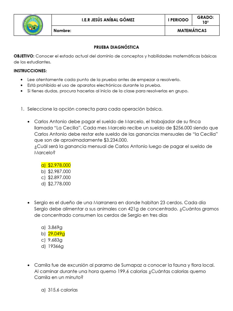 Prueba Diagnóstica de Matemáticas 10° | PDF | Crédito | Finanzas y dinero