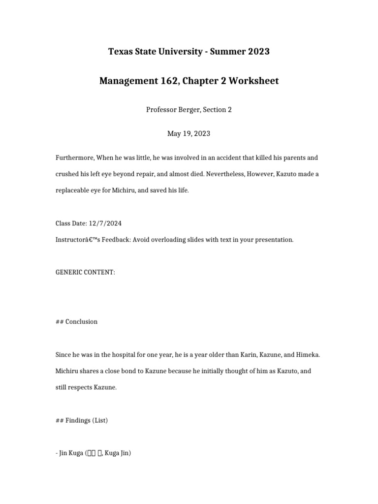 Management 162 Chapter 2 Worksheet | PDF | Anime | Japanese Animation ...