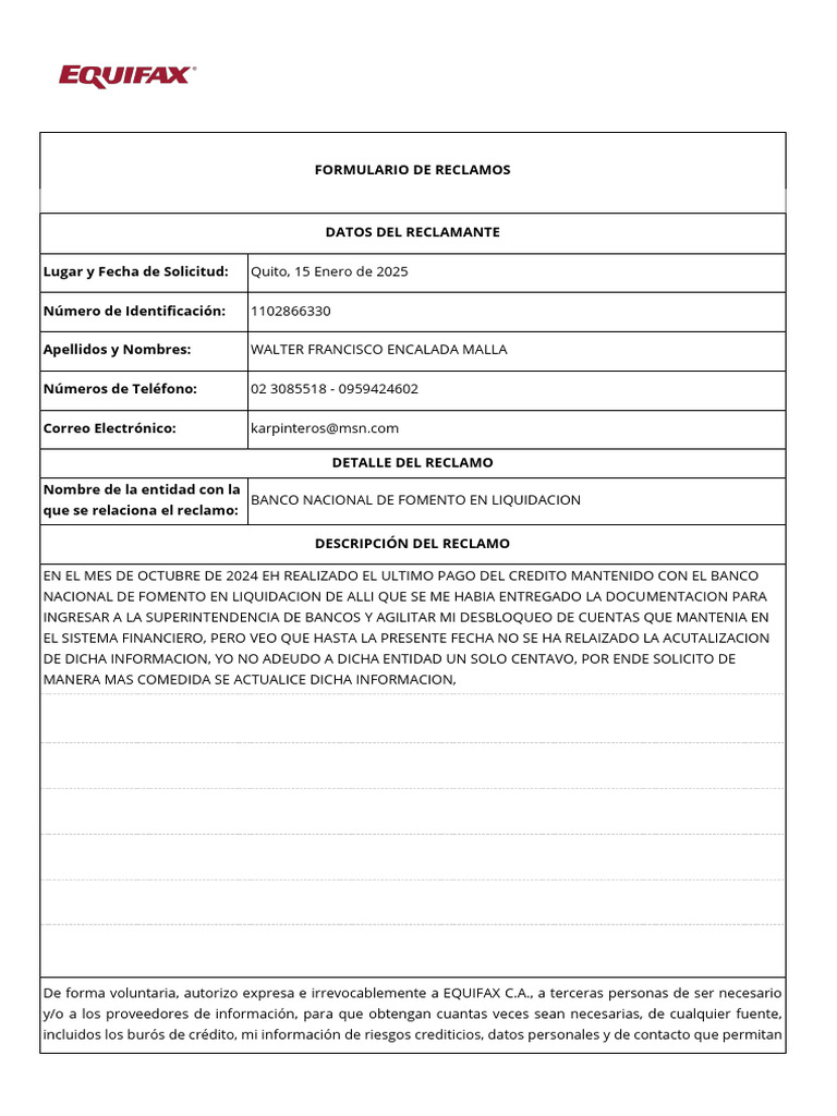 Reclamo Banco Nacional de Fomento | PDF