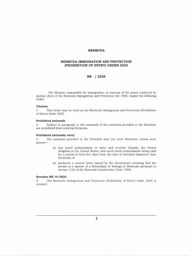 Bermuda Immigration and Protection (Prohibition of Entry) Order 2025 ...