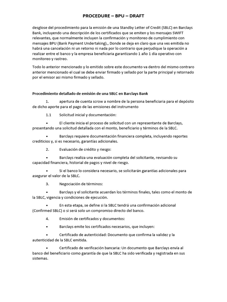 Procedure Draft SBLC | PDF | Bancos | Servicios financieros