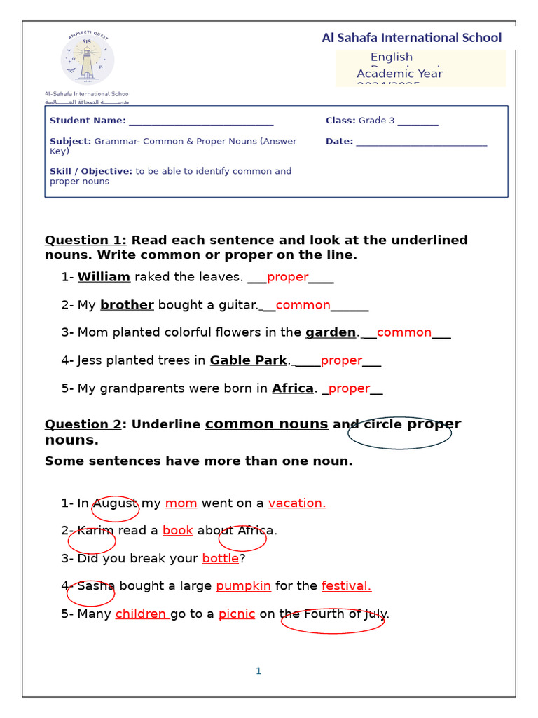Common and Proper Nouns Worksheet Answer Key | PDF