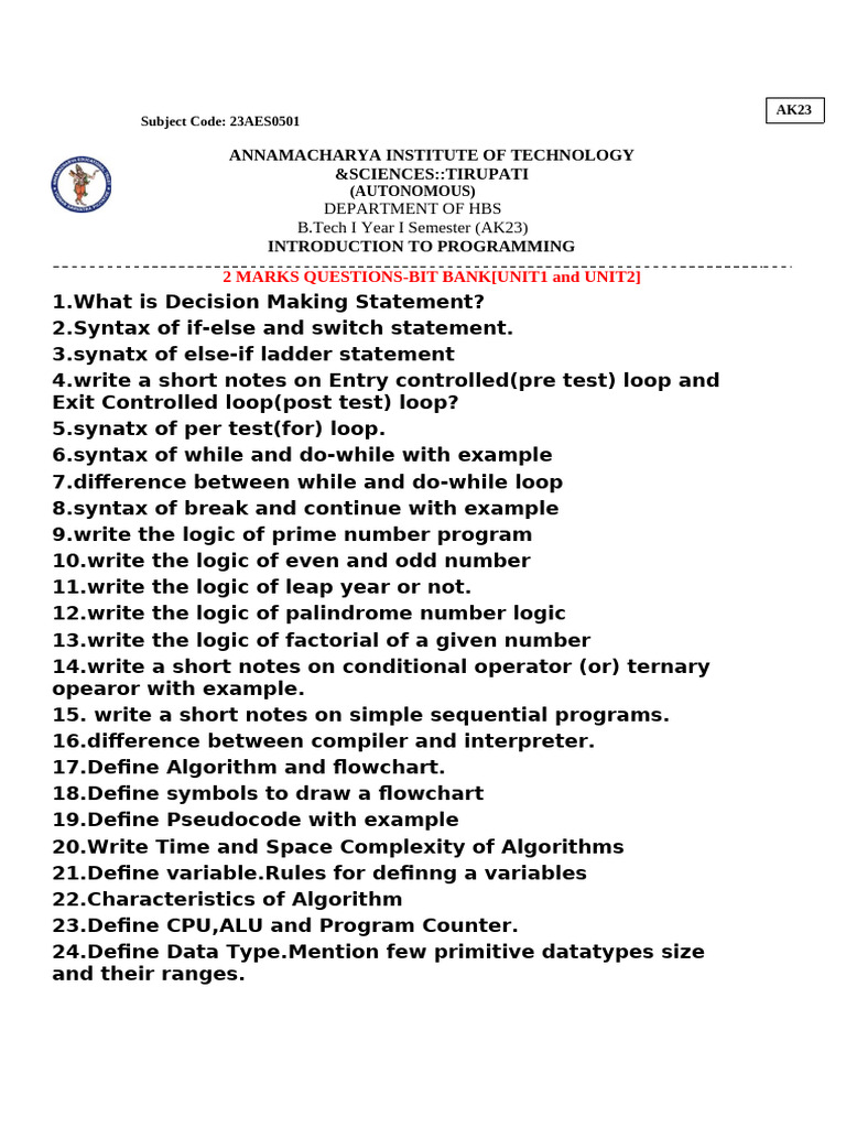 2marks Questions 23aes0501 Ip Unit1 Unit2 | PDF