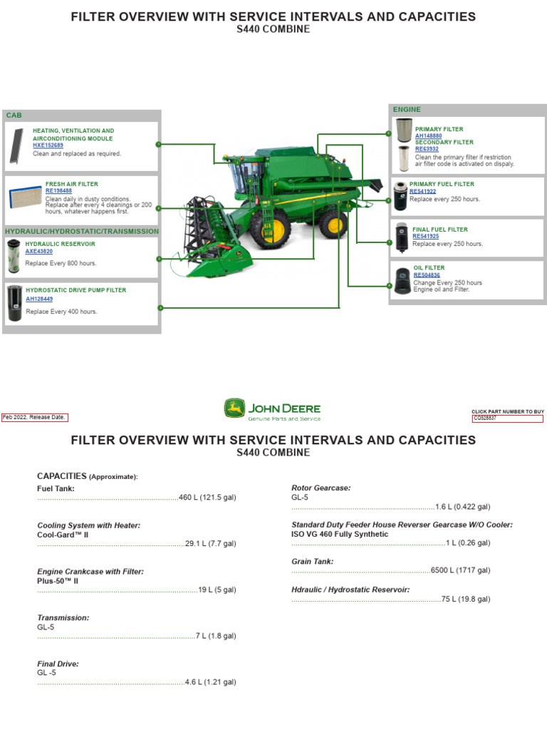 S440 Colhedeira John Deere Filtros | PDF | Home Appliance | Energy ...