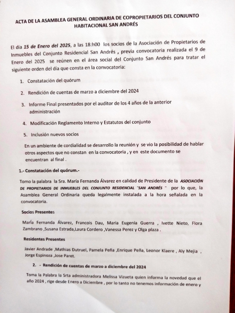 Acta de Asamblea Ordinaria 15 de Enero 2025 | PDF