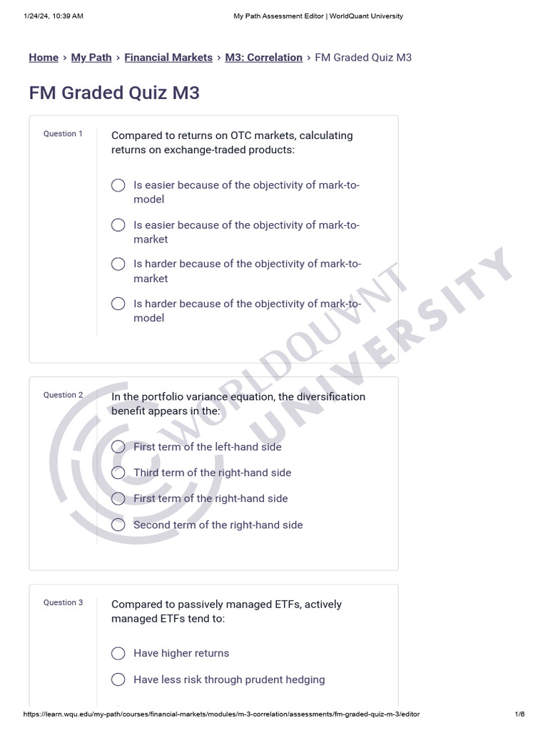 FM3 Graded quiz My Path Assessment Editor _ WorldQuant University | PDF | Volatility (Finance ...