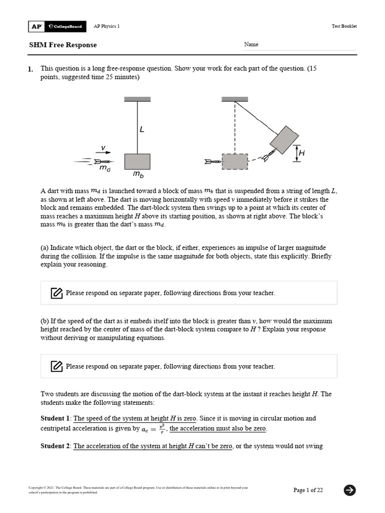 SHM Free Response: AP Physics 1 Test Booklet | PDF | Acceleration | Mass
