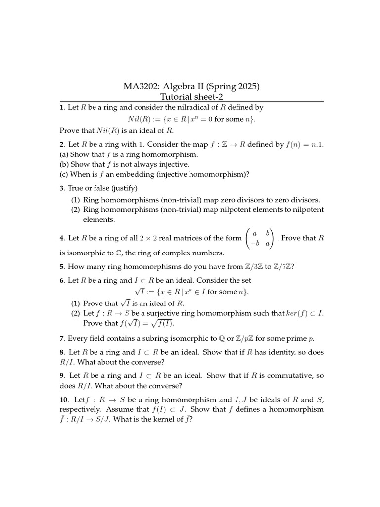 Algebra II Tutorial Sheet: Ring Theory Concepts | PDF