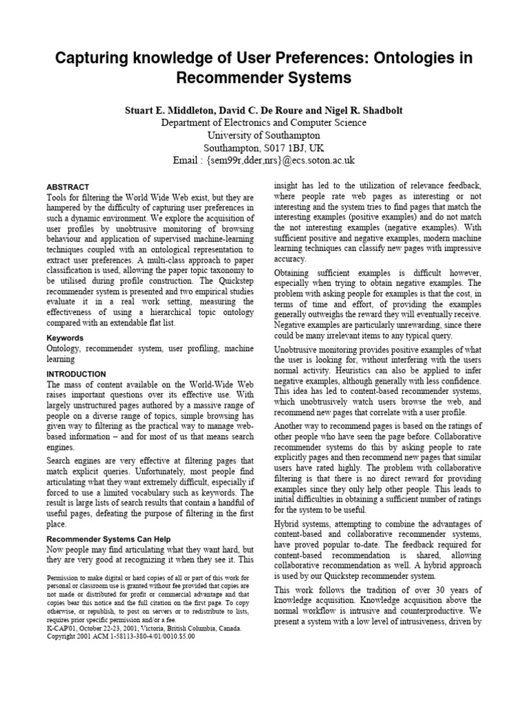 Capturing Knowledge of User Preferences - Ontologies in Recommender Systems | PDF | Machine ...