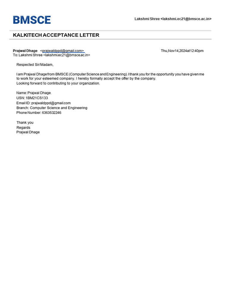 Acceptance Letter for KALKITECH Internship | PDF