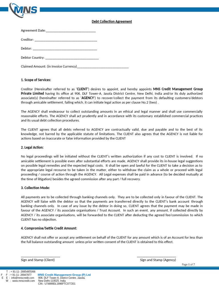 Debt Collection Agreement with MNS Group | PDF | Indemnity | Payments