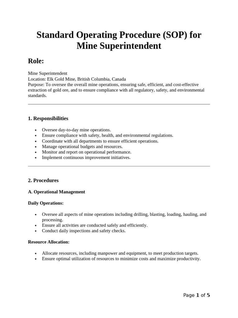 Mine Superintendent SOP Overview | PDF | Regulatory Compliance | Audit