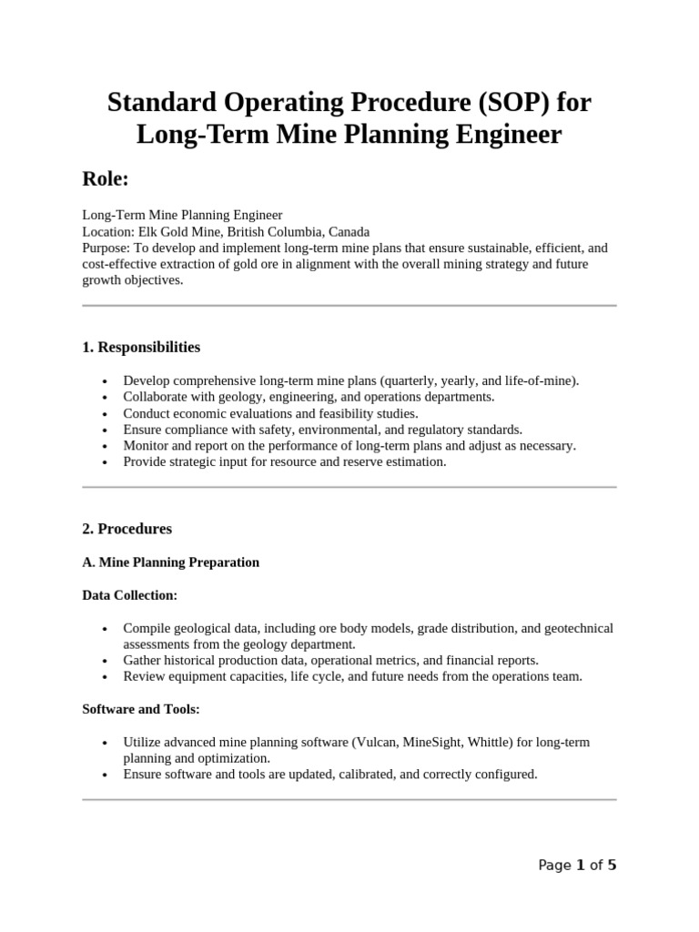 SOP for Long-Term Mine Planning Engineer | PDF | Mining | Internal Rate ...