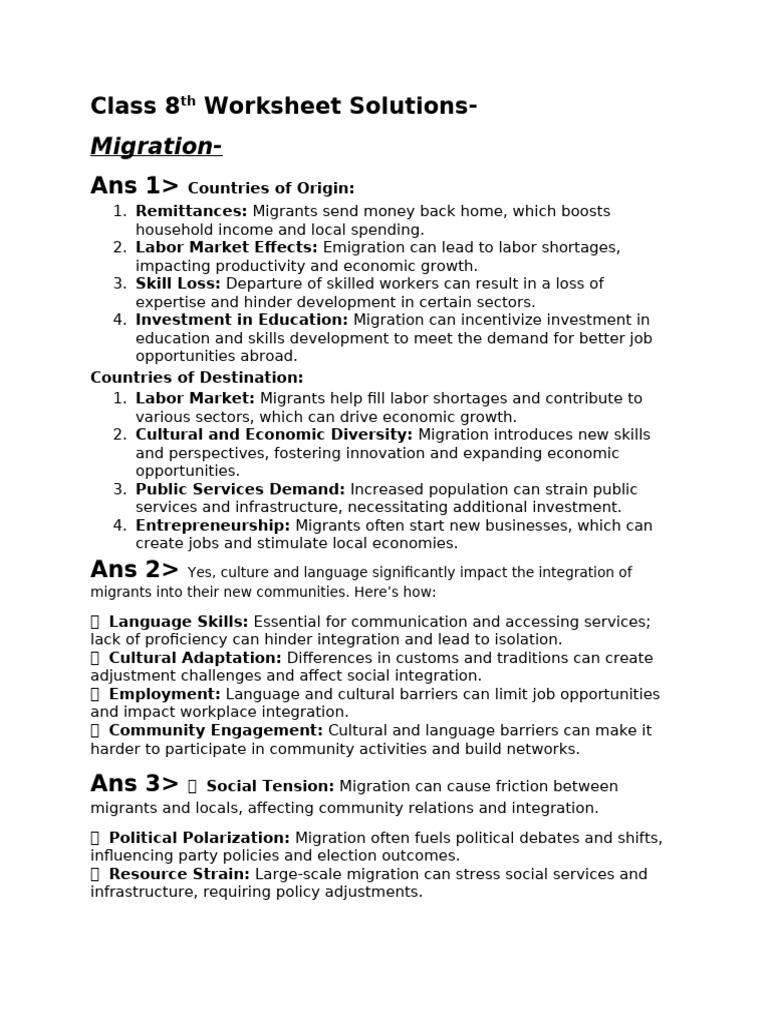 Class 8th Worksheet Solutions | PDF | Climate Change | Immigration