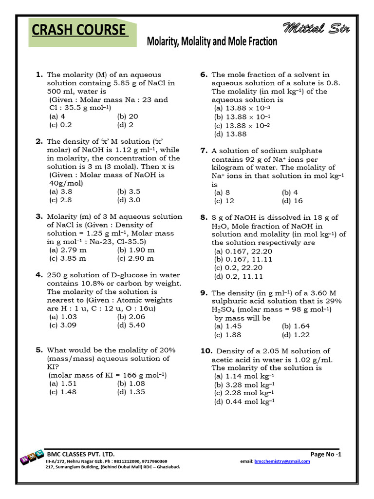 Chemistry Molarity and Molality Problems | PDF | Molar Concentration ...