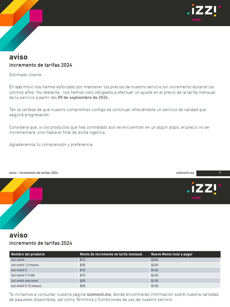 Aumento de tarifas izzi móvil 2024 | PDF
