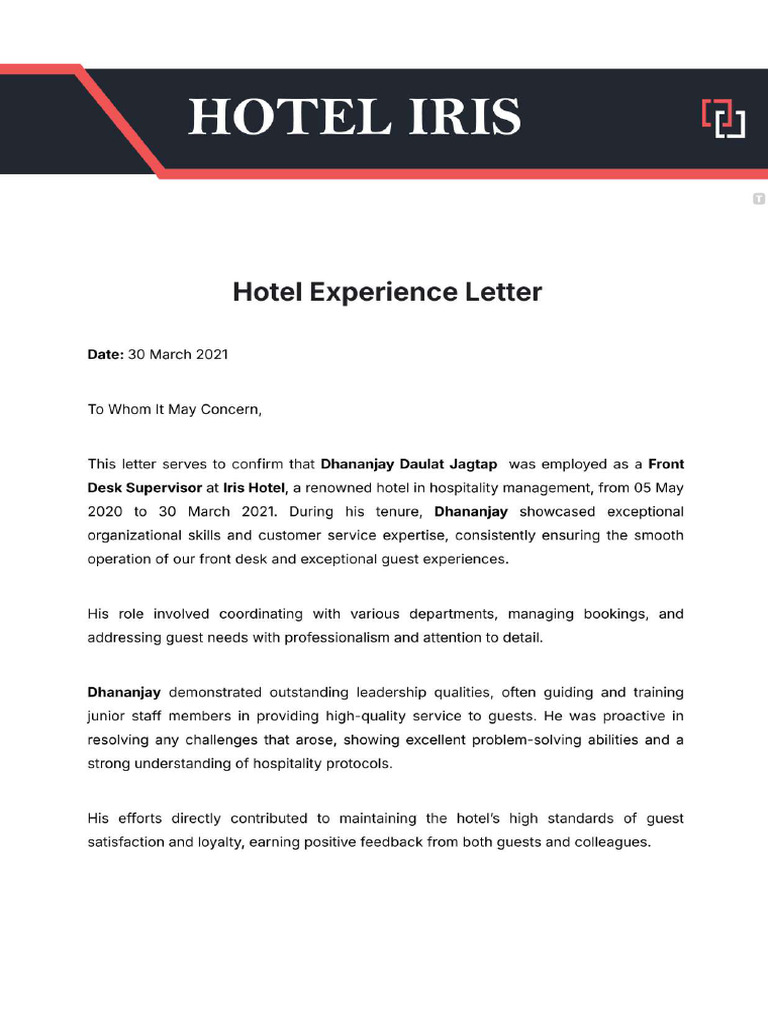 Hotel Experience Letter Template-1 | PDF