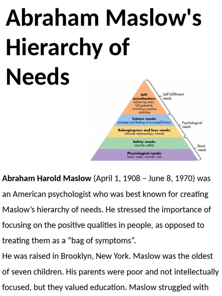 Abraham Maslow's Hierarchy of Needs (Group 4)-1 | PDF | Self Actualization | Behavioural Sciences