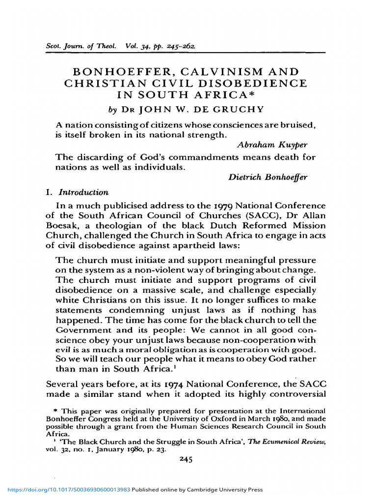 Bonhoeffer Calvinism and Christian Civil Disobedience in South Africa ...