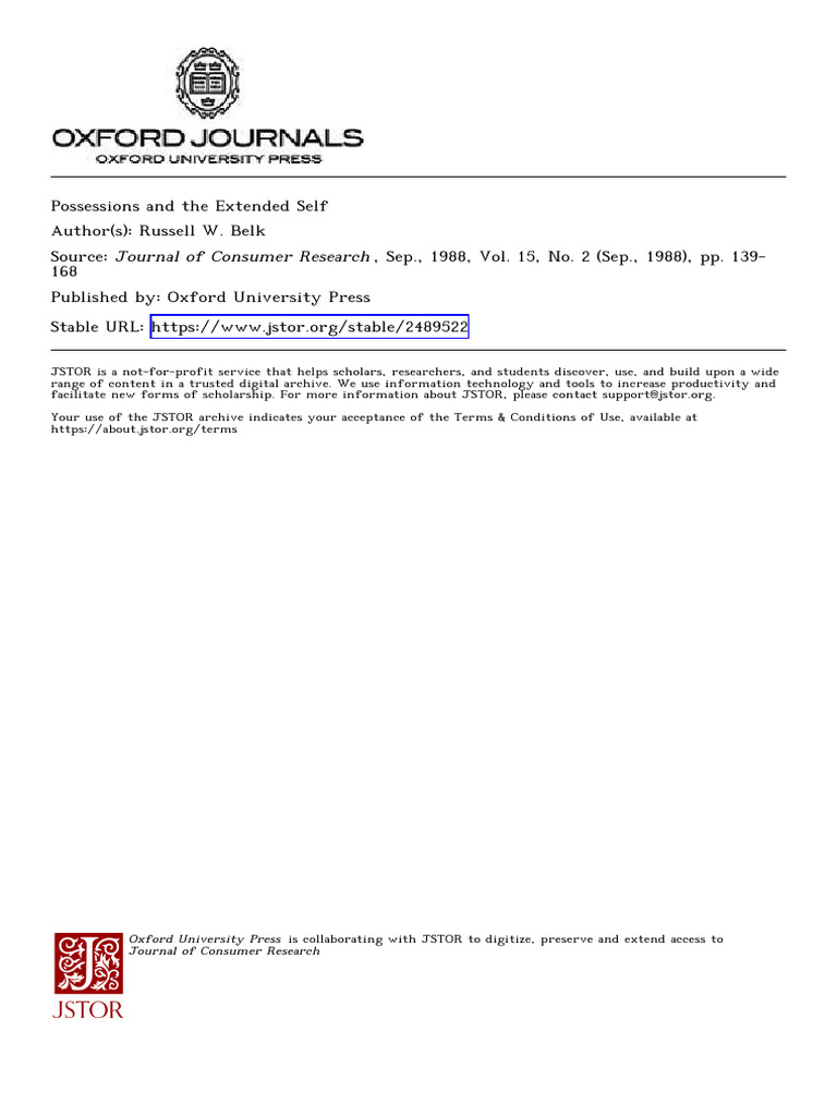 Belk, Possessions and The Extended Self | PDF | Consumer Behaviour | Self