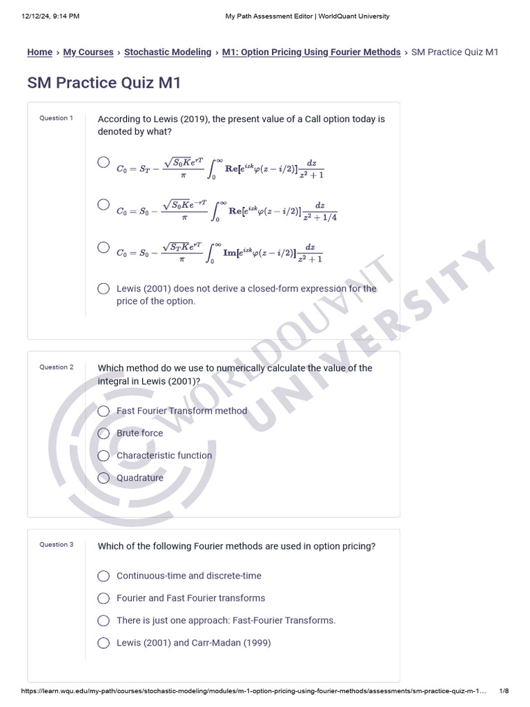 SM 1 retake practice My Path Assessment Editor _ WorldQuant University - Copy | PDF | Option ...