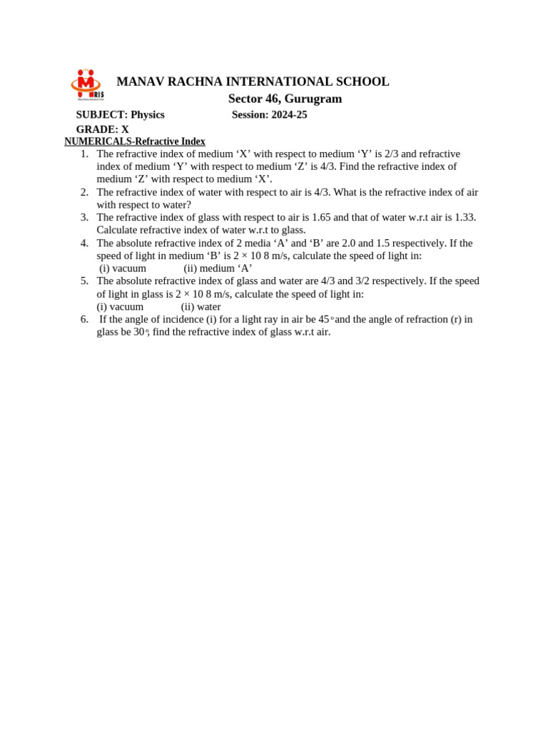 Assignment-Refractive Index-2024 | PDF
