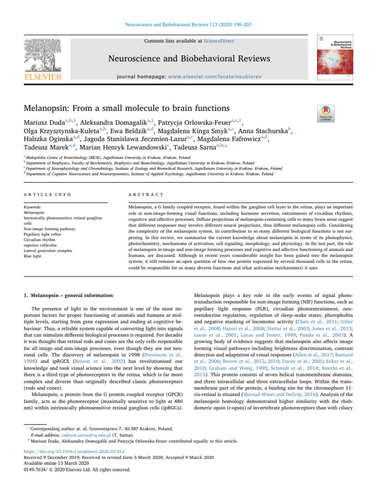 Melanopsin: Role in Brain Functions | PDF | Retina | Physiology