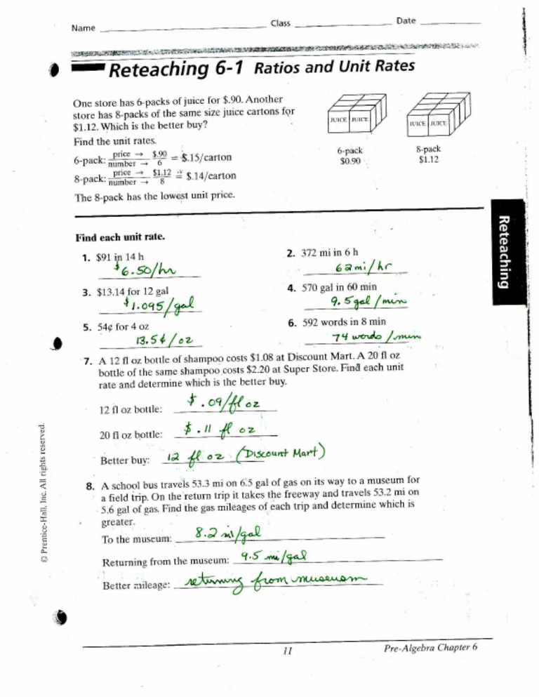 Ratios_and_Rates_Reteaching_WS_6-1_ANSWERS | PDF
