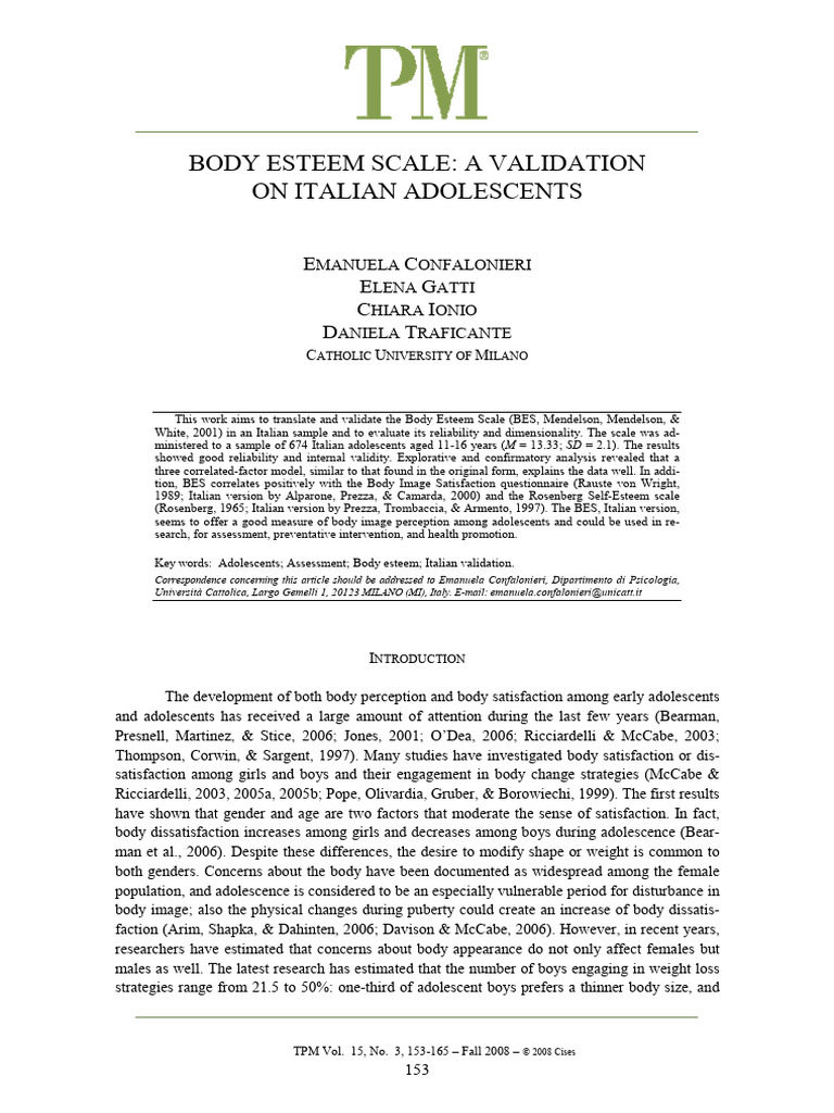 Body Esteem Scale A Validation On Italian Adolescents | PDF | Body ...