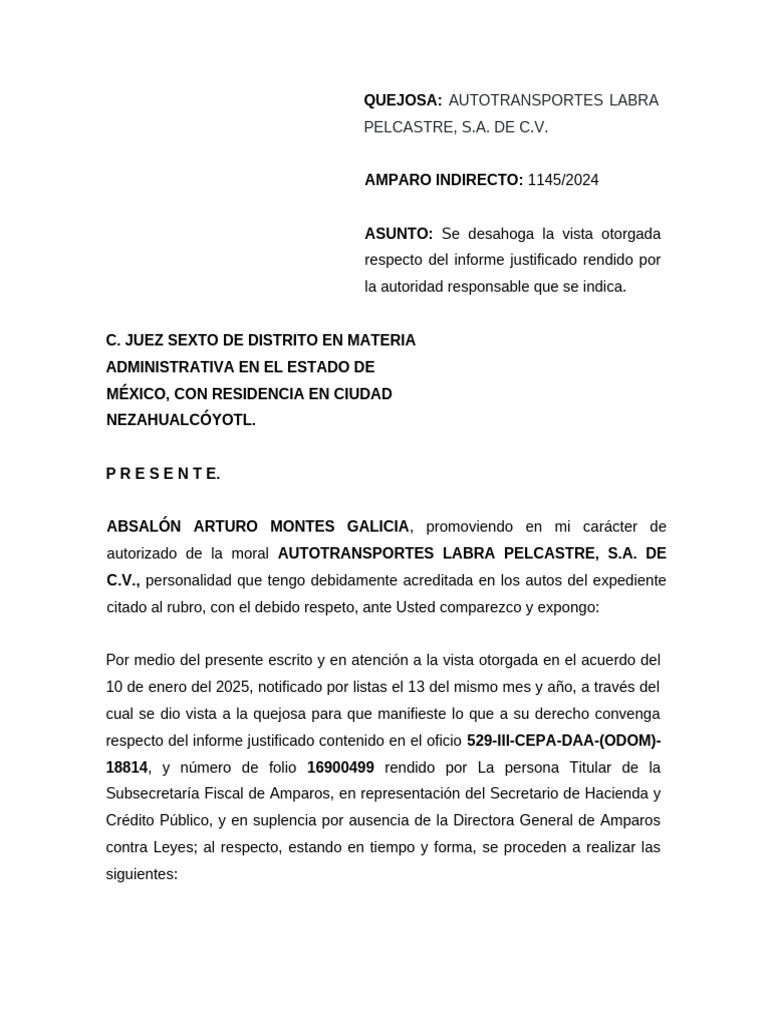 Desahogo de Vista Vs Informe Justificado SHCP - Amparo Indirecto 1145 ...