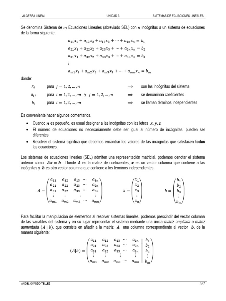 Álgebra Lineal Unidad 3 Sistemas de Ecuaciones Lineales: Matriz Ampliada o Matriz Aumentada ...