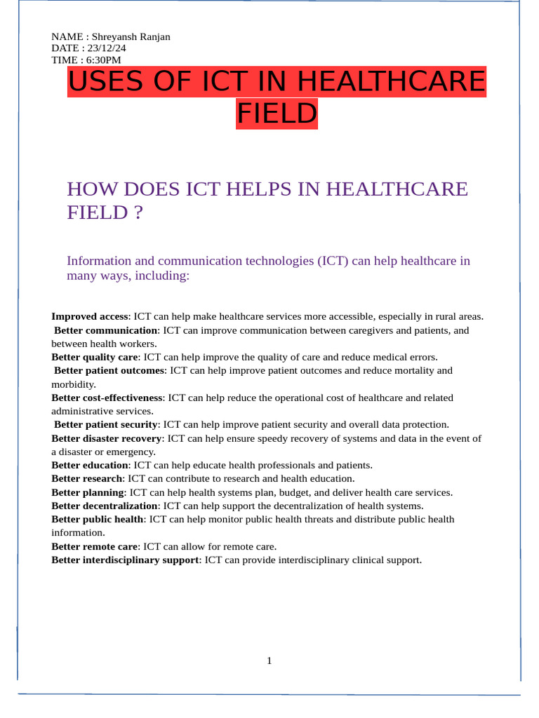 ICT Benefits in Healthcare | PDF