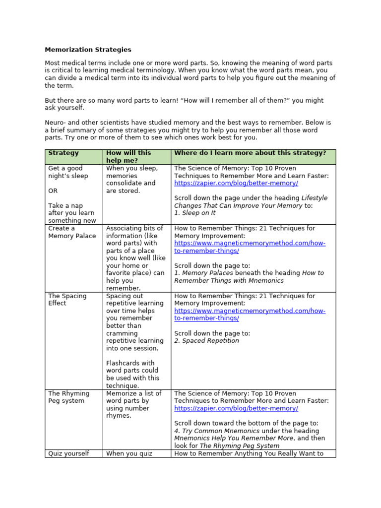 Memorization Strategies | PDF | Memory | Mnemonic