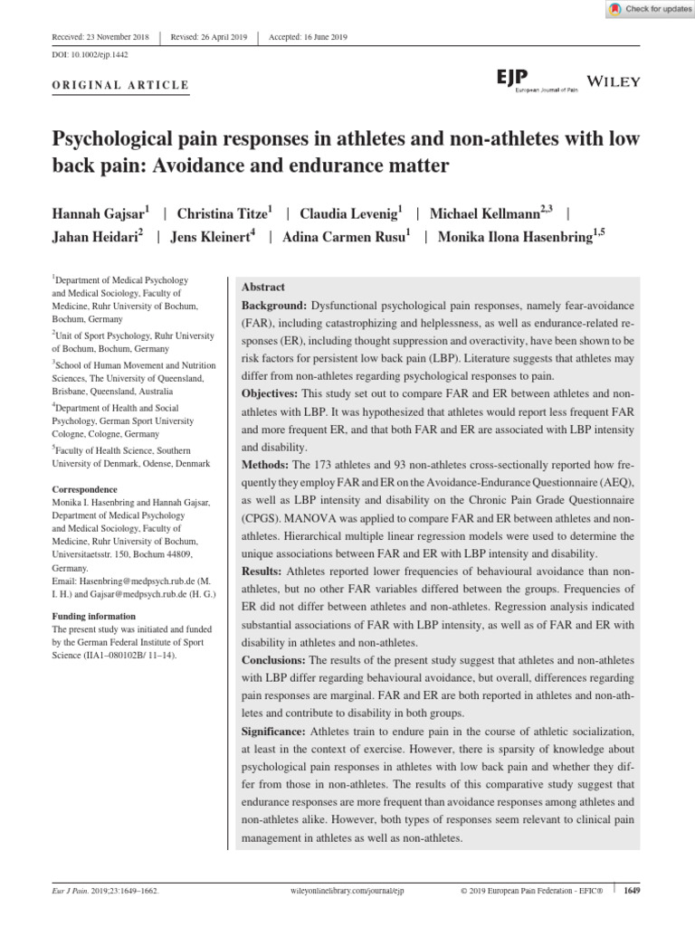 2019 Psychological Pain Responses in Athletes and Non Athletes With Low ...