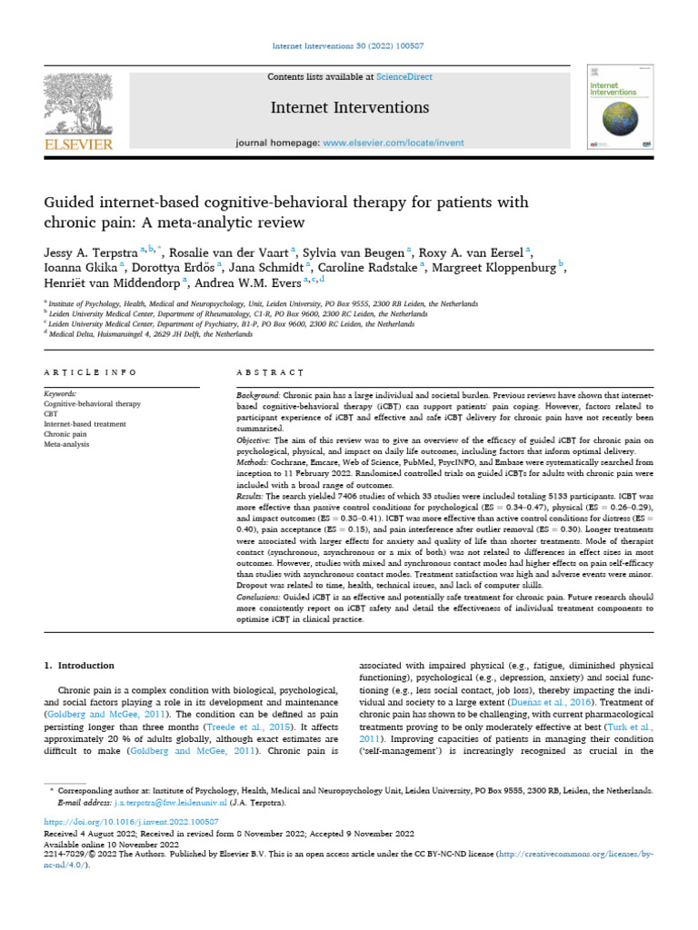 2022 Guided Internet-based Cognitive-behavioral Therapy for Patients With Chronic Pain a Meta ...