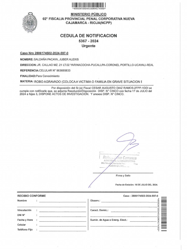 Cedula de Notificación #5367-2024. Caso 597-2024 | PDF